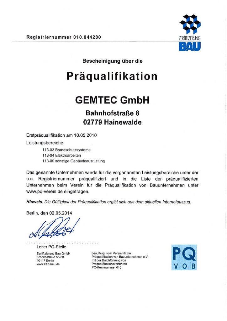 Zertifizierungen der GEMTEC GmbH | Gefahrenmeldetechnik, Sicherheitstechnik ...